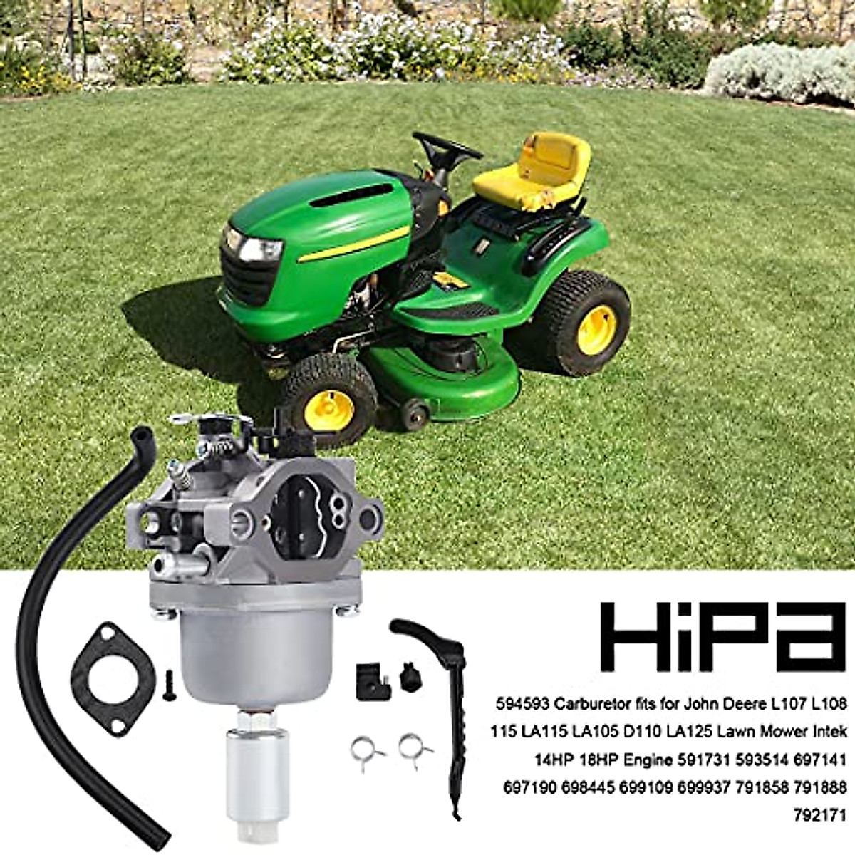 594593 Carburetor fits for John Deere L107 L108 115 LA115 LA105 D110 LA125 Lawn Mower Intek 14HP 18HP Engine 591731 593514 697141 697190 698445 699109 699937 791858 791888 792171