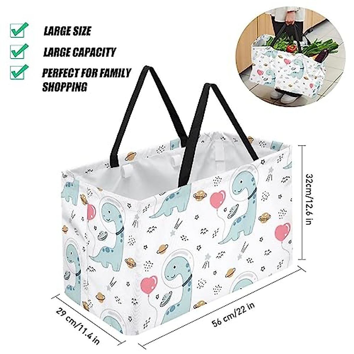 Dinosaur Full Print Large Capacity Laundry Organizer Tote Bag - Reusable and Foldable Oxford Cloth Shopping Bags