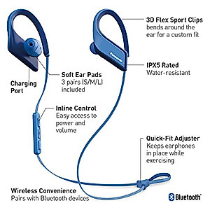 PANASONIC Wings Sport Headphones are Ultra-Light Wireless Bluetooth Sport Earbud 3D Flex Sport Clips with Microphone and Call/Volume Controller, IPX5 Rated Water-Resistant - RP-BTS35-A (Blue)