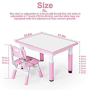 Kids Study Table and Chair Set with 2 Seats Height Adjustable Children’s Painting Drawing Desk Easy to Clean Assemble Max Load-Bearing 330lb Plastic Toddler Table and Chair Set for School Home Pink
