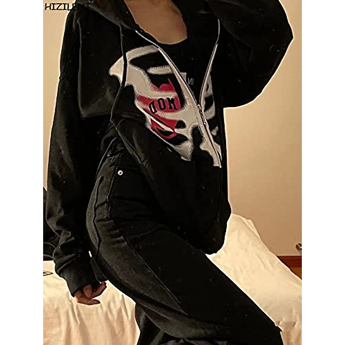 Women's Y2K Vintage Graphic Zip Up Hoodie Oversized Casual Drawstring Hoodie E-Girl 90s Streetwear Jacket Tracksuit(C-black,L)