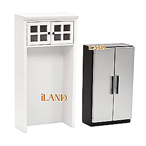 iLAND Dollhouse Kitchen, Modern Dollhouse Furniture Set on 1/12 Scale Wooden White to Store Miniature Food