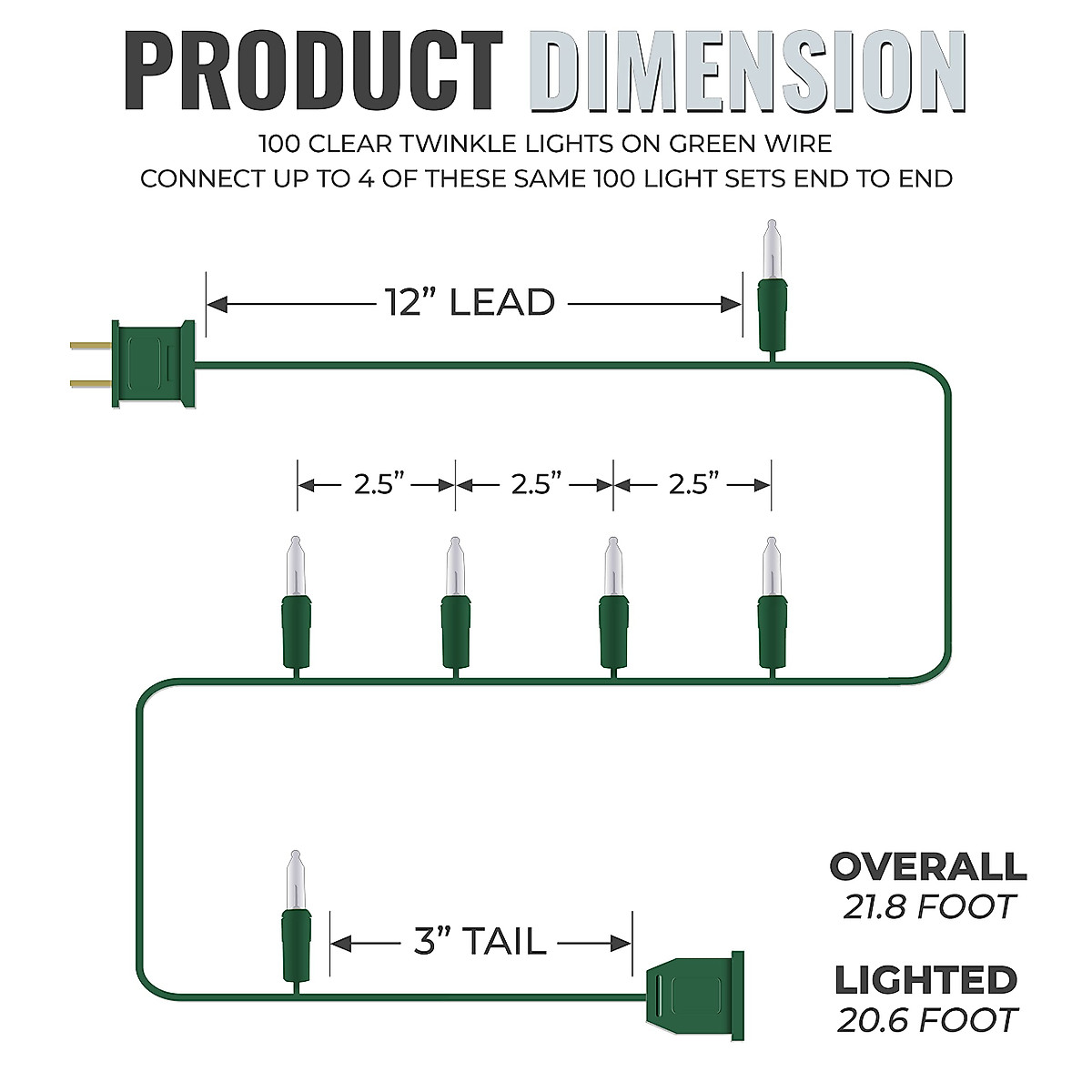 612 Vermont 100 Clear Christmas Lights, 12 Lights Twinkle, Indoor and Outdoor Use, Connect up to 4 Sets, Lighted Length 20.6', Total Length 21.8'