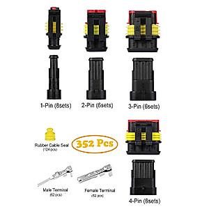 Twippo 352Pcs Waterproof Electrical Connector Terminals Automotive Electrical Wire Connectors 1/2/3/4 Pin Connector with Ratchet Crimping Tool