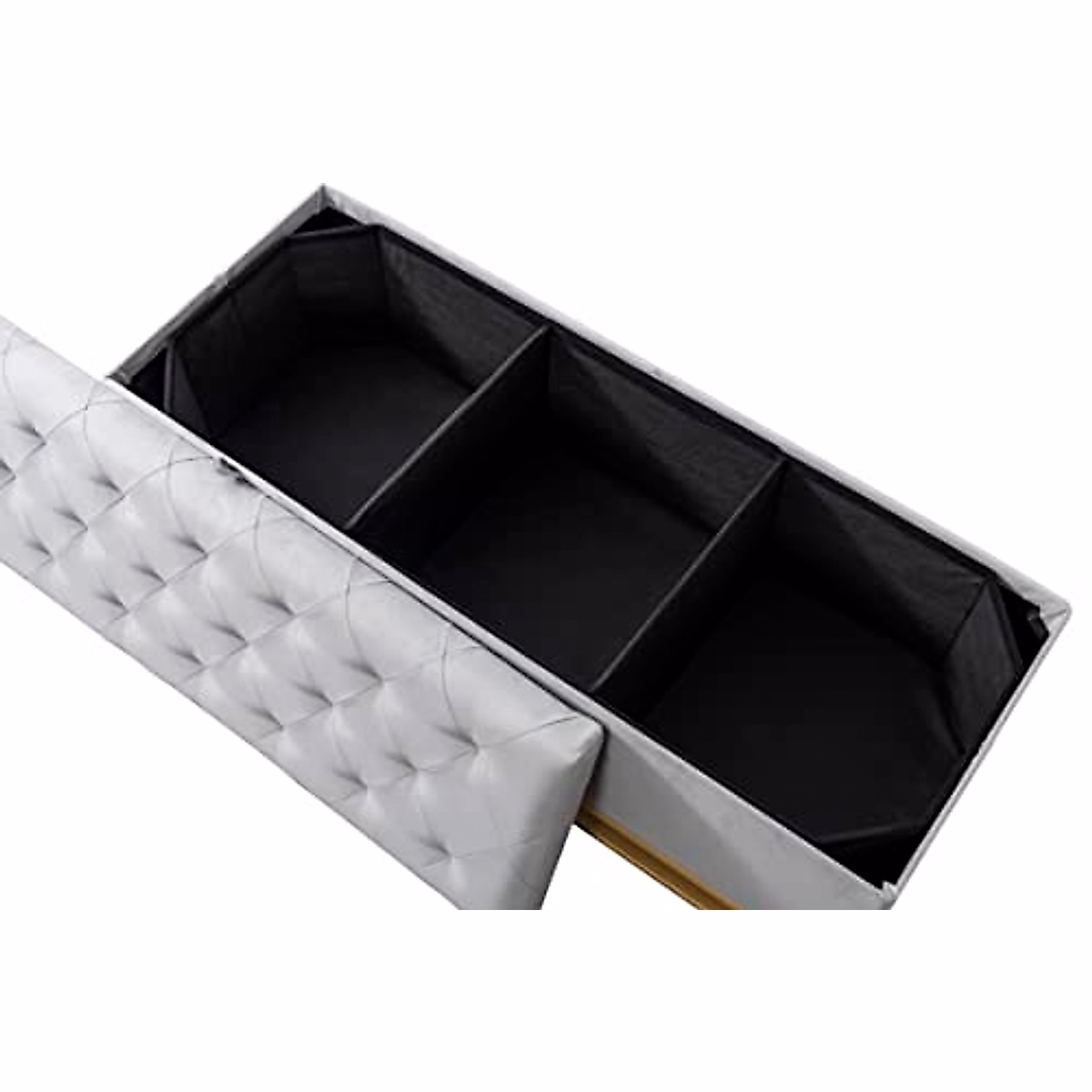 Chic Home Kadiri Storage Bench Velvet Upholstered Tufted Seat Gold Tone Metal Base with Discrete Interior Compartment Modern Contemporary, Grey