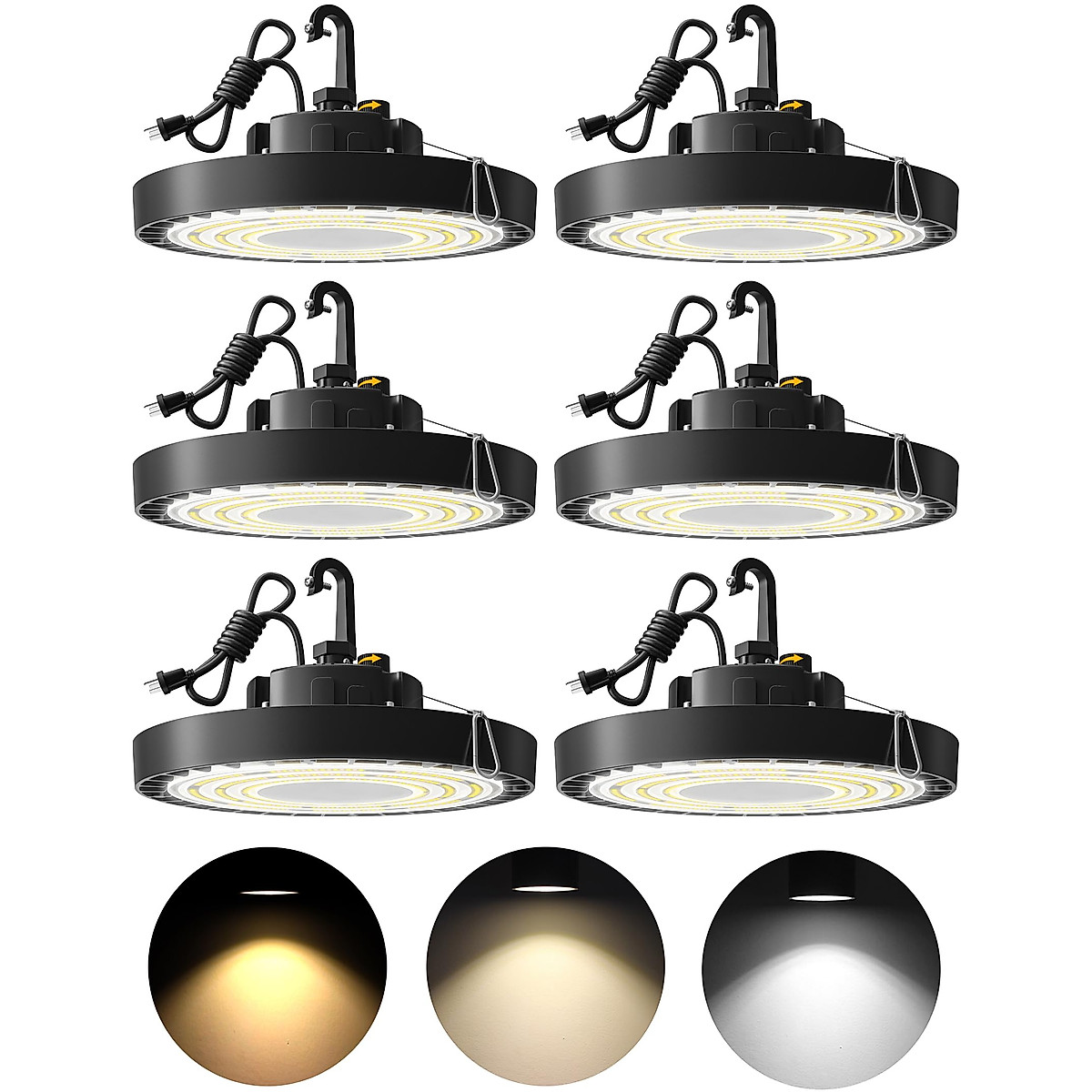 VANoopee 6 Pack 200W High Bay LED Lights 3000K 4000K 5000K Bright UFO LED High Bay Light Commercial Bay Lighting for Warehouse Workshop Barn Garage - 5' Cable with Plug, IP65 28000lm(800W MH/HPS Eqv.)