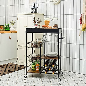 LIUJUN Serving Cart Metal Frame Rolling 4-Tier Kitchen Bar Cart Rolling Wine Rack Removable Tray Basket