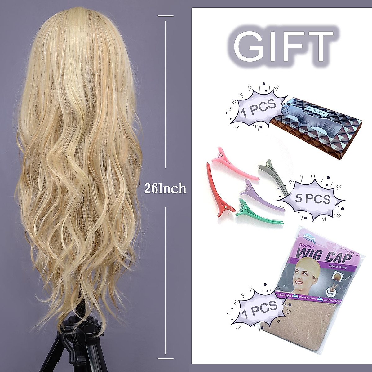 Aida ble Mixed Blonde Long Wave Wig for Women -26inch Middle Part Long Curly Wig Heat Resistant Synthetic Hair Looking Natural, Fiber Wig for Daily Party Use