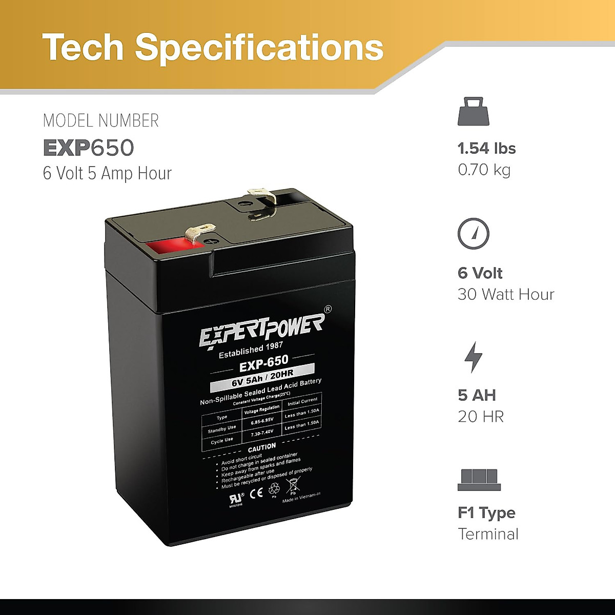 ExpertPower 6V 5Ah SLA Rechargeable Battery