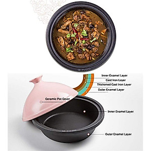 MYYINGBIN 3 Liters Moroccan Tagine Pot Cast Iron Base Ceramic Lid Clay Casserole Suitable for 3-6 People, Pink