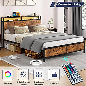 Modern Industrial Bed Frame with LED Lights,2-Tier Storage Headboard with Charging Station,Industrial Metal Platform LED Bed Frame with Outlets and USB Ports,Noise Free,No Box Spring Needed