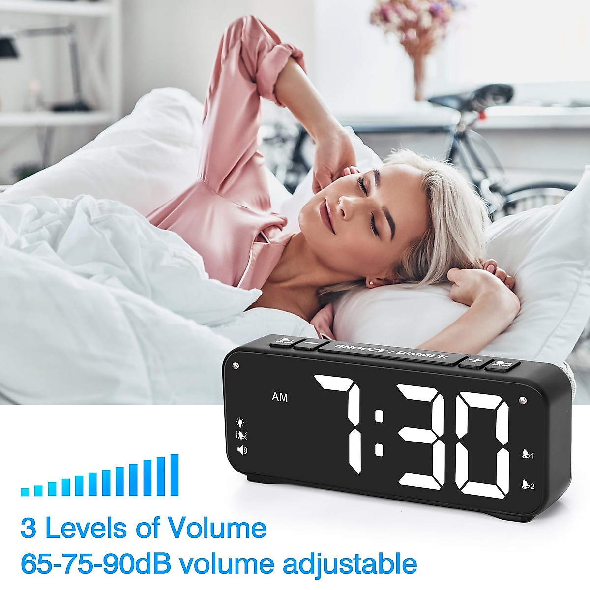 SZELAM Alarm Clock for Heavy Sleepers Adults,with Vibration Bed Shaker,2 Alarms,4 Levels Brightness,6.5" LED Digital Desk Clocks for Hearing Impaired Deaf Teens Bedroom (Black-White)