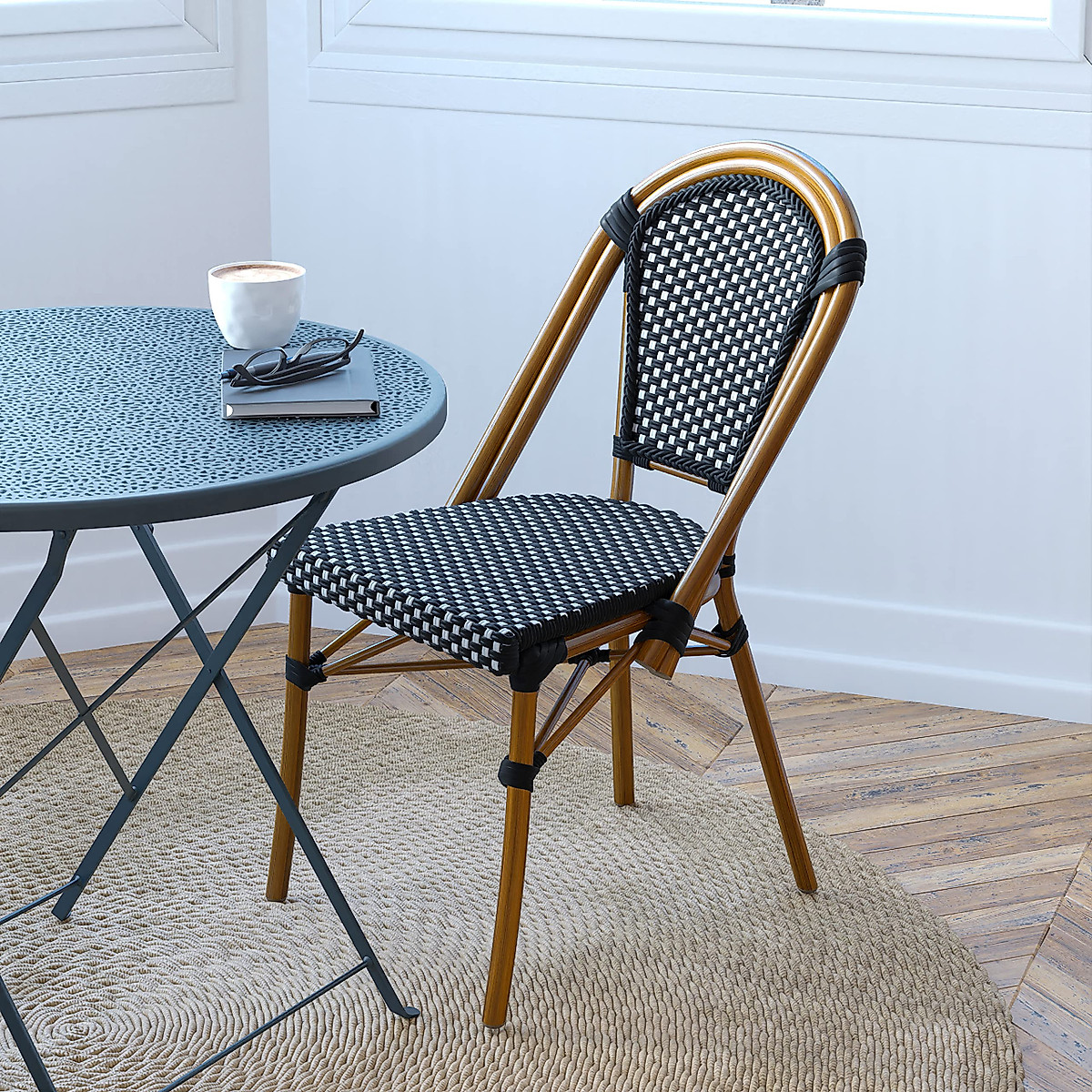 Merrick Lane Sacha Bistro Chair - Black & White Woven PE Seat and Back - Bamboo Finish Aluminum Frame - for Indoor/Outdoor Use - Set of Two