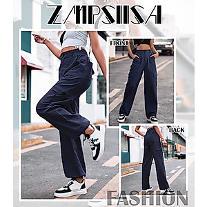 ZMPSIISA Women High Waisted Cargo Pants Wide Leg Casual Pants 6 Pockets Combat Military Trousers(Navy,Medium)