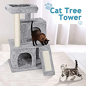 Nova Microdermabrasion Cat Tree, 34 Inches Ultra Soft Plush Covering with Sisal Rope Posts for Scratching, House Furniture for Kittens, Grey