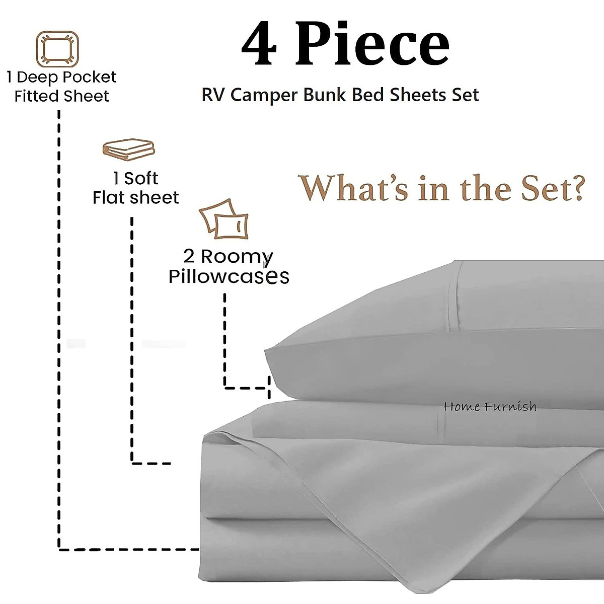 RV Sheet Sets 66x80 Olympic Queen 4 Pc, 600 Thread Count 100% Egyptian Cotton Bed Sheets for RV, Campers & Travel Trailers, RV Bed Sheets Fit Mattress 10" to 15" Deep Fitted RV Sheets Silver