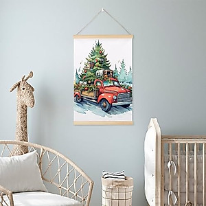 Magnetic Poster Hanger Frame, Red Truck Light Wooden Magnet Frame Hanger for Posters, Prints, Photos, Pictures, Maps, Scrolls, And Canvas Artwork, Xmas Tree Wall Hanging Kit