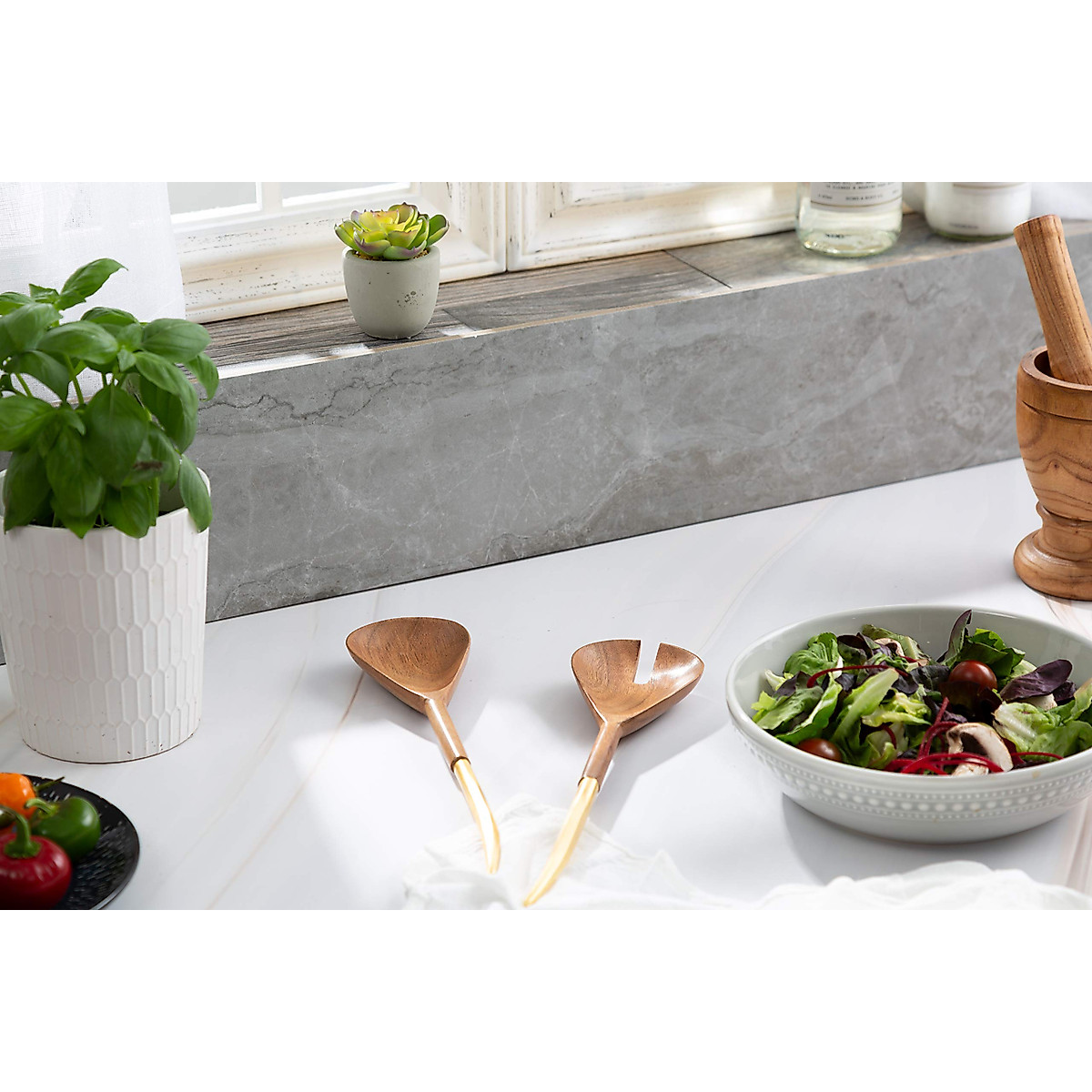 Wooden Salad Servers With Gold Handle