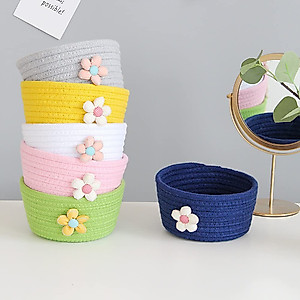 Ochine Cotton Rope Basket Woven Basket Flower Small Rope Basket Decorative Mini Storage Bins Round Little Organizer Nursery Hamper for Desk Dog Cat Toy Kids Baby Girls Gifts