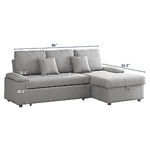 GOOD & GRACIOUS Sectional Sleeper Sofa Couch with Pull Out Bed, L Shaped Modern Sectional Sofa Bed with Chaise Lounge and Storage Function for Living Room, 34.65" x 32.68" x 86.61", Light Gray