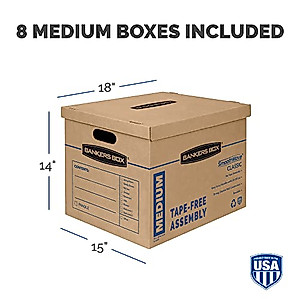 Bankers Box SmoothMove Classic Medium Moving Boxes, 8 Pack, Tape-Free Assembly, Easy Carry Handles, 18" x 15" x 14"