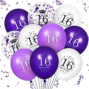 16th Purple Birthday Balloons Decorations, 16PCS Purple White Happy 16th Birthday Confetti Latex Balloons for Girls Boys Happy Birthday Party Wedding Anniversary Indoor Outdoor Party Supplies,12 Inch