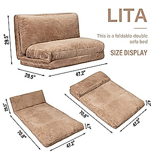 LITA Folding Mattress Sofa, Foldable Double Sofa Bed Foam Filling Convertible Sleeper Sofa Bed Modern Soft Faux Fur Wall Sofa Bed with Removable Cover for Living Room/Apartment/Dorm, Khaki