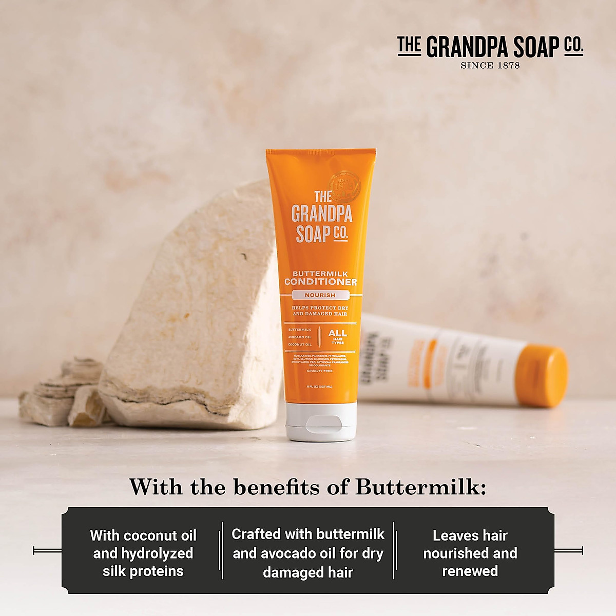 The Grandpa Soap Company Buttermilk Conditioner - Nourishing Formula to Help Strengthen and Hydrate Hair, with Coconut Oil & Silk Protein, Sulfates and Parabens Free, 8 Fl Oz