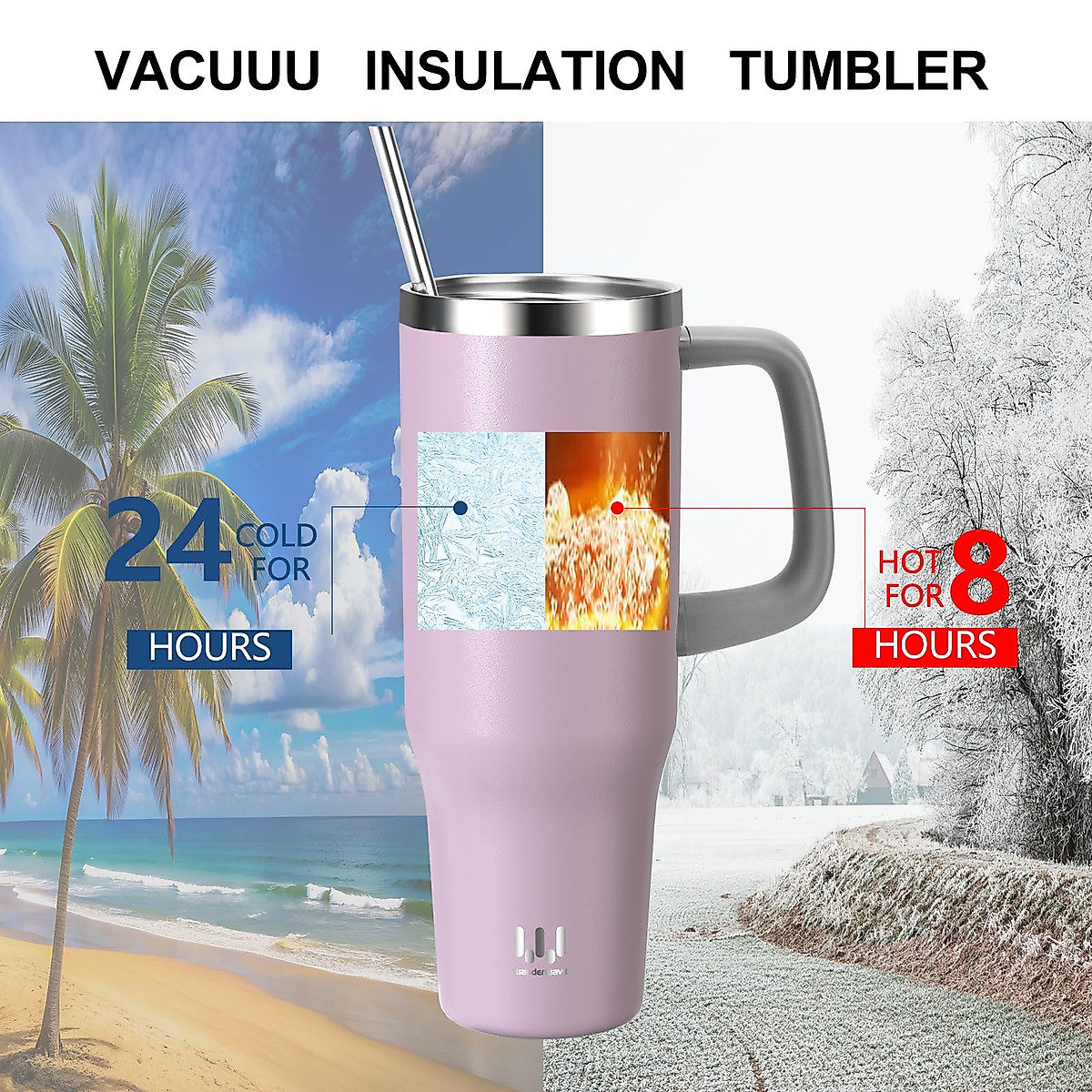 40 oz Insulated Tumbler with Handle, Stainless Steel Straw and silicone sleeves, Leakproof Travel Mug for Water, Iced Tea or Coffee, Insulated Cup Gifts for Women & Men, Purple