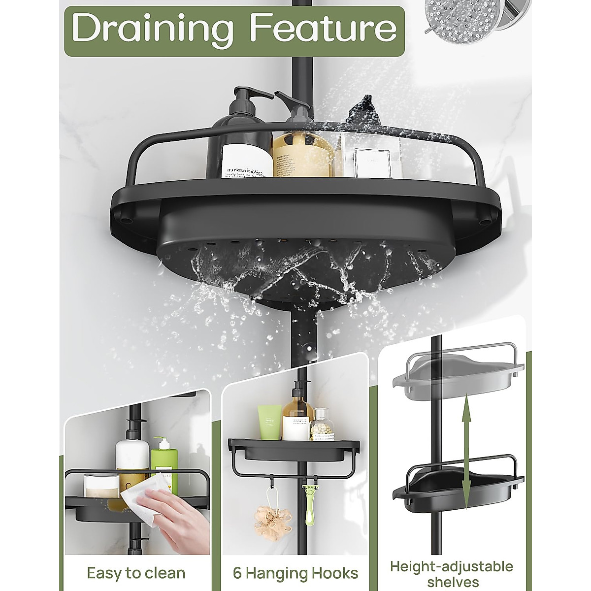 ALLZONE Rustproof Shower Caddy Corner for Bathroom,Bathtub Storage Organizer for Shampoo Accessories,4-Tier Adjustable Shelves with Tension Pole,56 to 114 Inch, Black