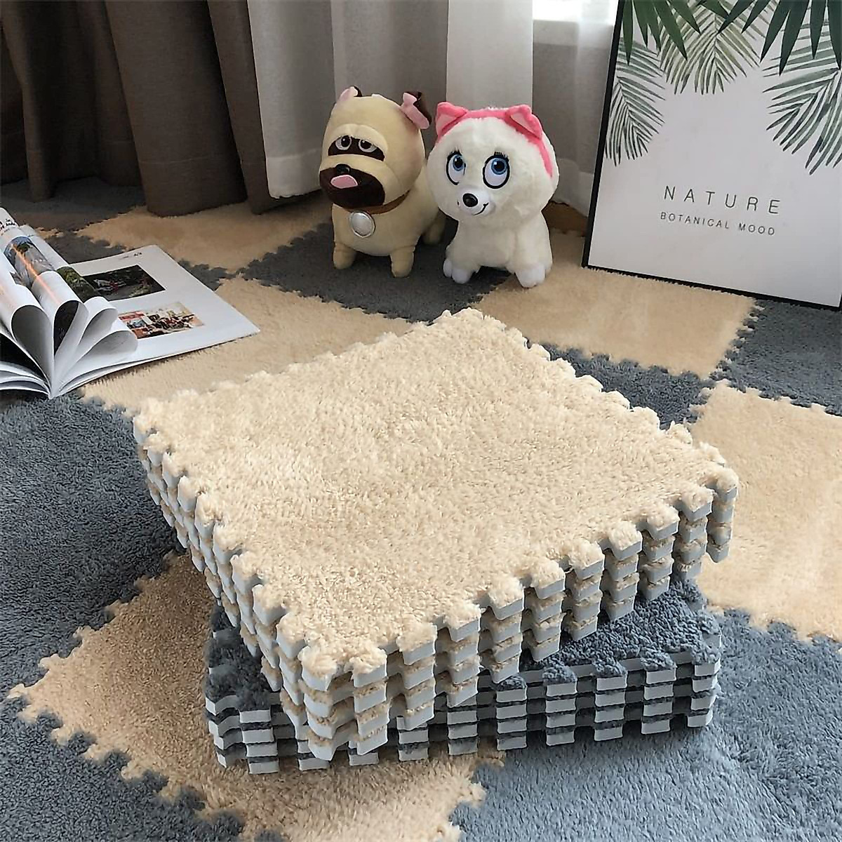 easycustomerlee 12pcs Interlocking Carpet Shaggy Soft EVA Foam Mats Fluffy Rugs Protective Floor Tiles Exercise Play Mats for Children Kids Room Home Parlor Bedroom(Khaki)