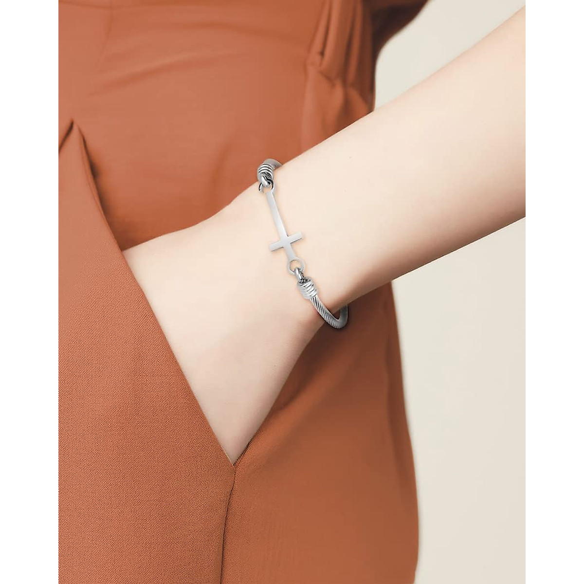 WDSHOW Sideways Cross Bracelet Cuff Bangle Stainless Steel Silver-Tone