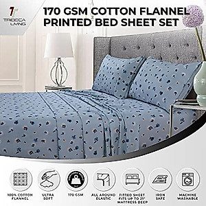 Tribeca Living Floryn 170-GSM Ultra-Soft Flannel Extra Deep Pocket Sheet Set, Oversized Flat, Queen, Light Blue (FLORYNSHEQUBL)