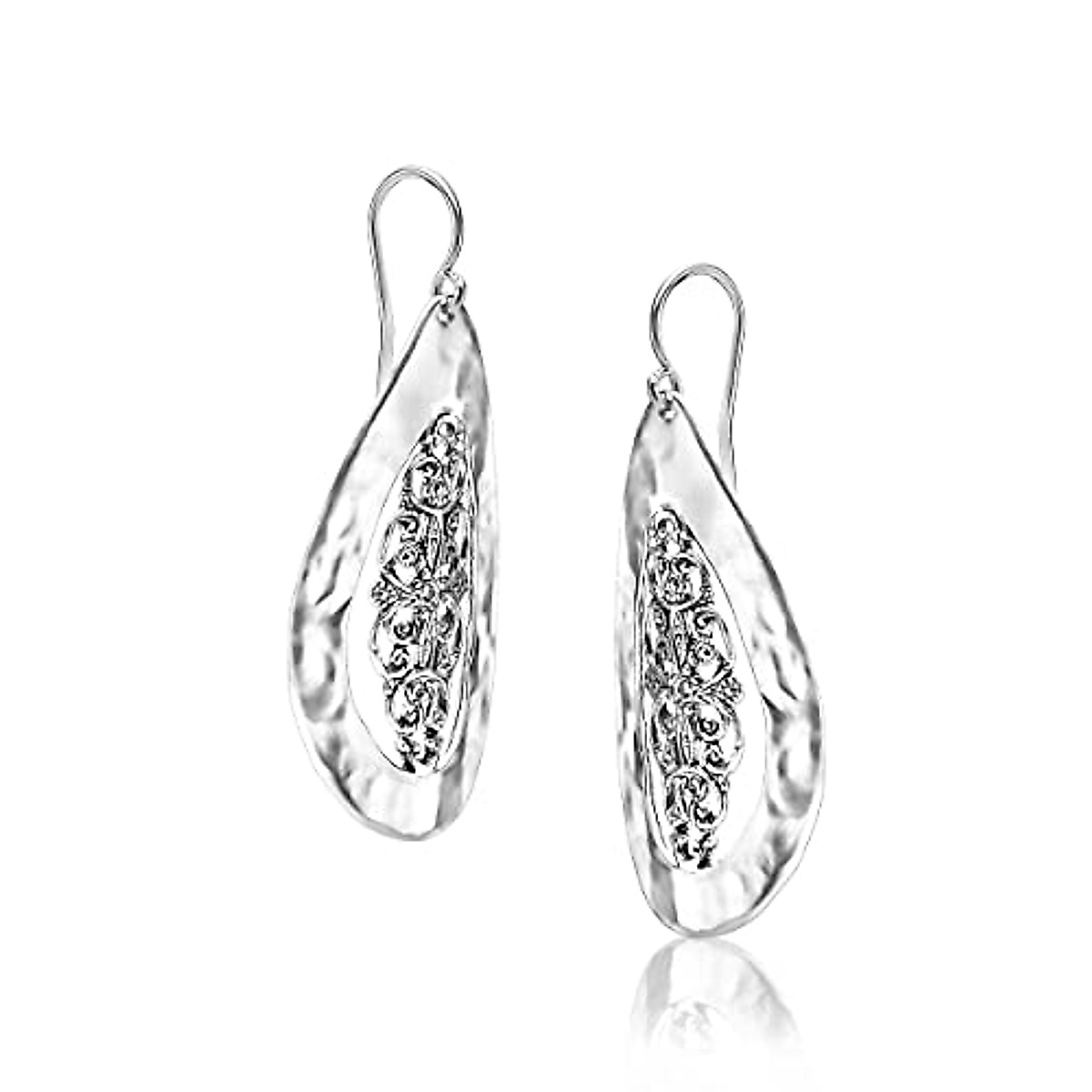 925 Sterling Silver Earrings Large Drop Shape Lace, Oxidized, Stylish, Hypoallergenic, Nickel and Lead-free, Artisan Handcrafted Designer Collection, French Wire Back, Made In Israel, Gift For Her