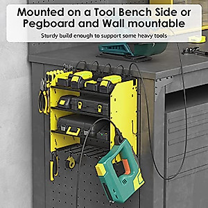 CCCEI Modular 4 Layer Movable Power Tool Organizer with Charging Station. Wall Mount 4 Drill, Tool Battery Holder, Garage Heavy Duty Shelf Rack with Power Strip, Hooks, Screwdriver, Drill Bit Storage