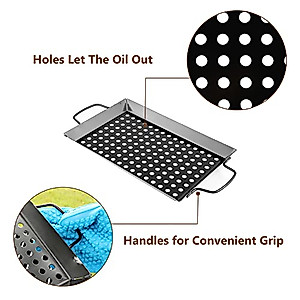 Waykea Non-stick Vegetable Grill Basket with Handle, 12" Rectangle Pan BBQ Accessory for Grilling Veggie, Fish, Shrimp, Meat, Camping Cookware