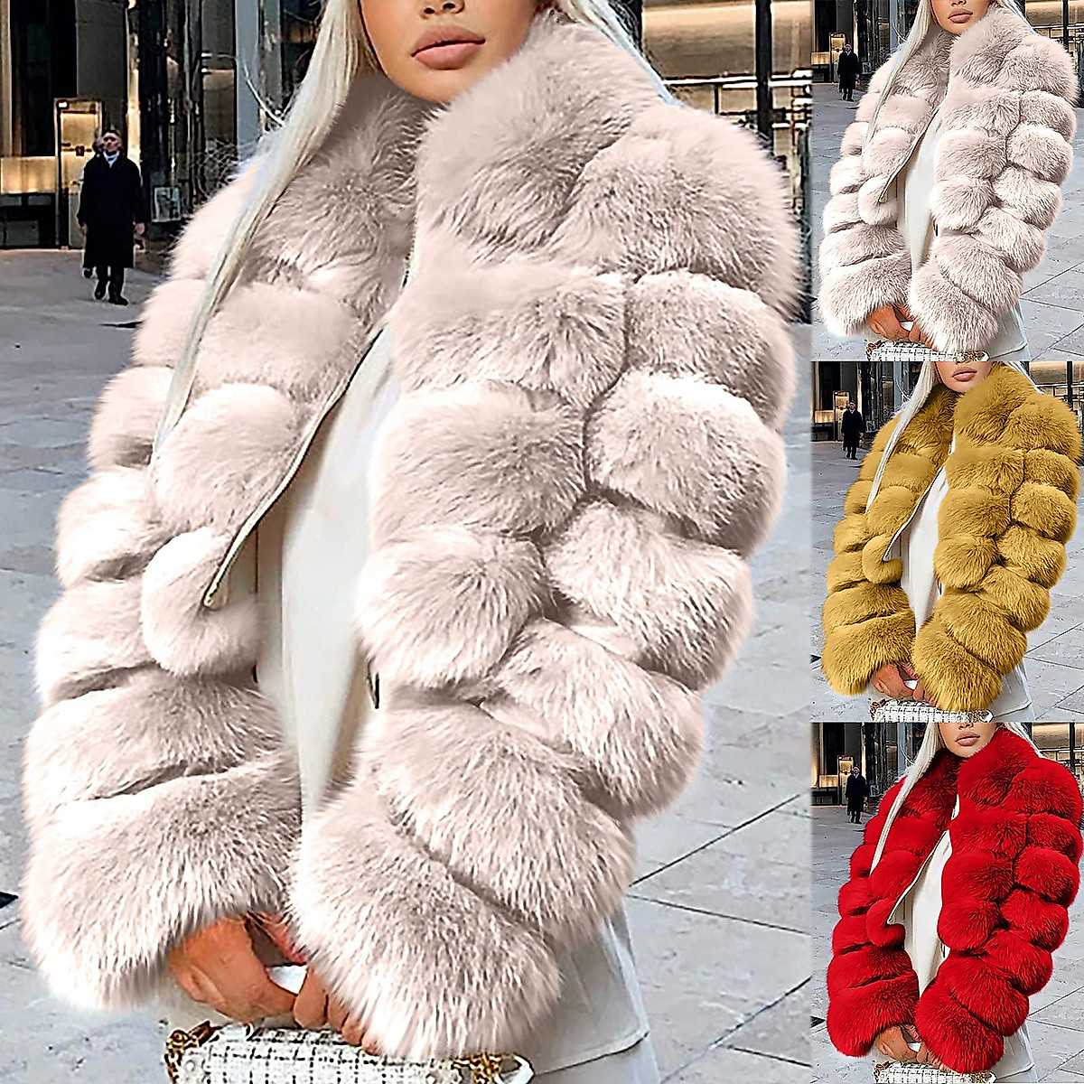 Women Luxury Fluffy Faux Fur Long Coat Jackets Open Front Solid Plush Outwear Winter Warm Oversized Overcoat Yellow
