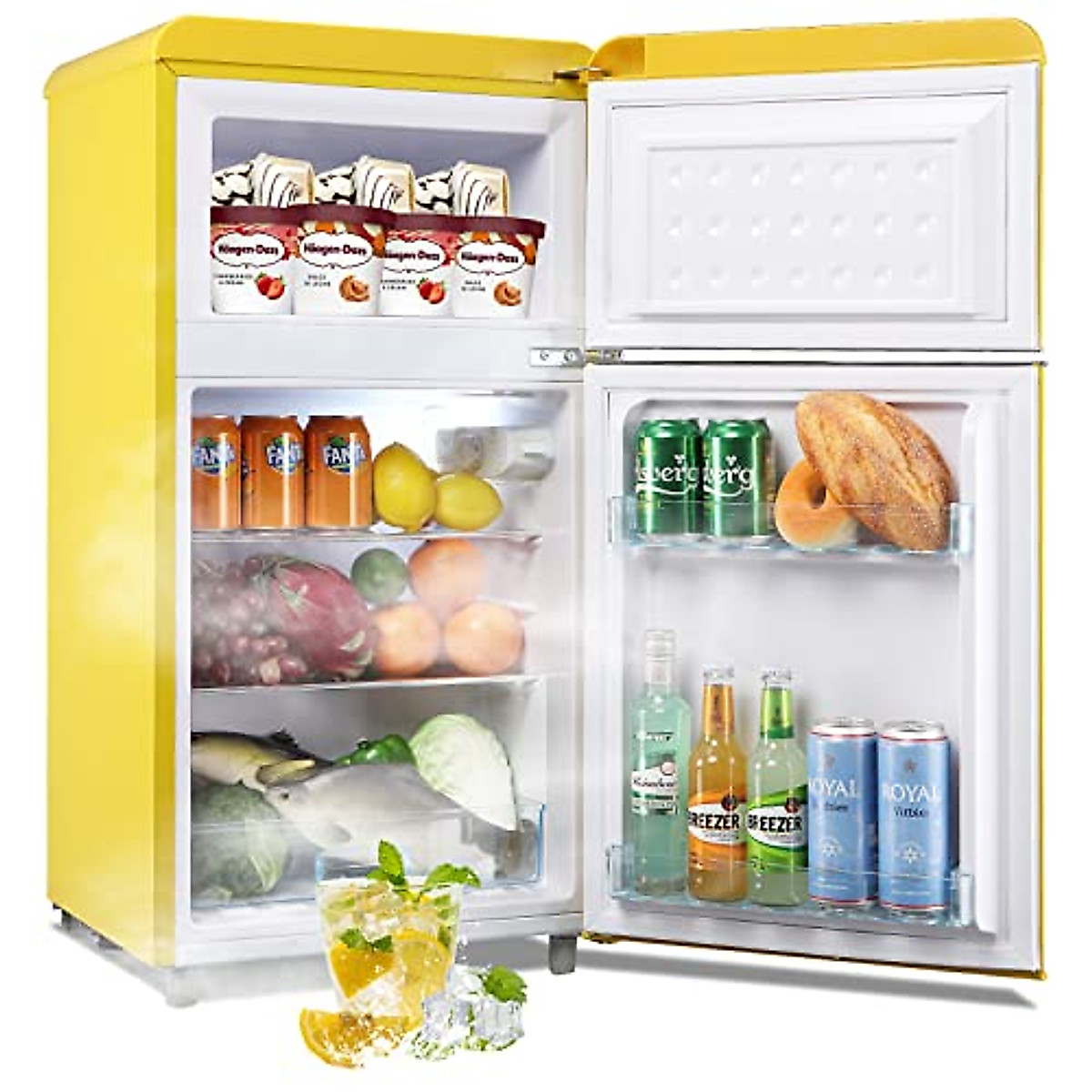 WANAI Compact Mini Refrigerator 3.2 Cu.Ft Small Refrigerator with Freezer, Retro Mini Fridge with Dual Door,7 Adjustable Thermostat, Adjustable Shelves For Dorm, Office Bedroom, Yellow