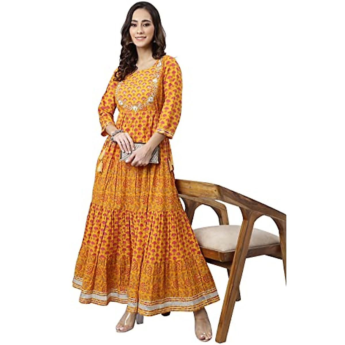 Janasya Women's Mustard Cotton Floral Print Flared Kurta(JNE3971-KR-XL)