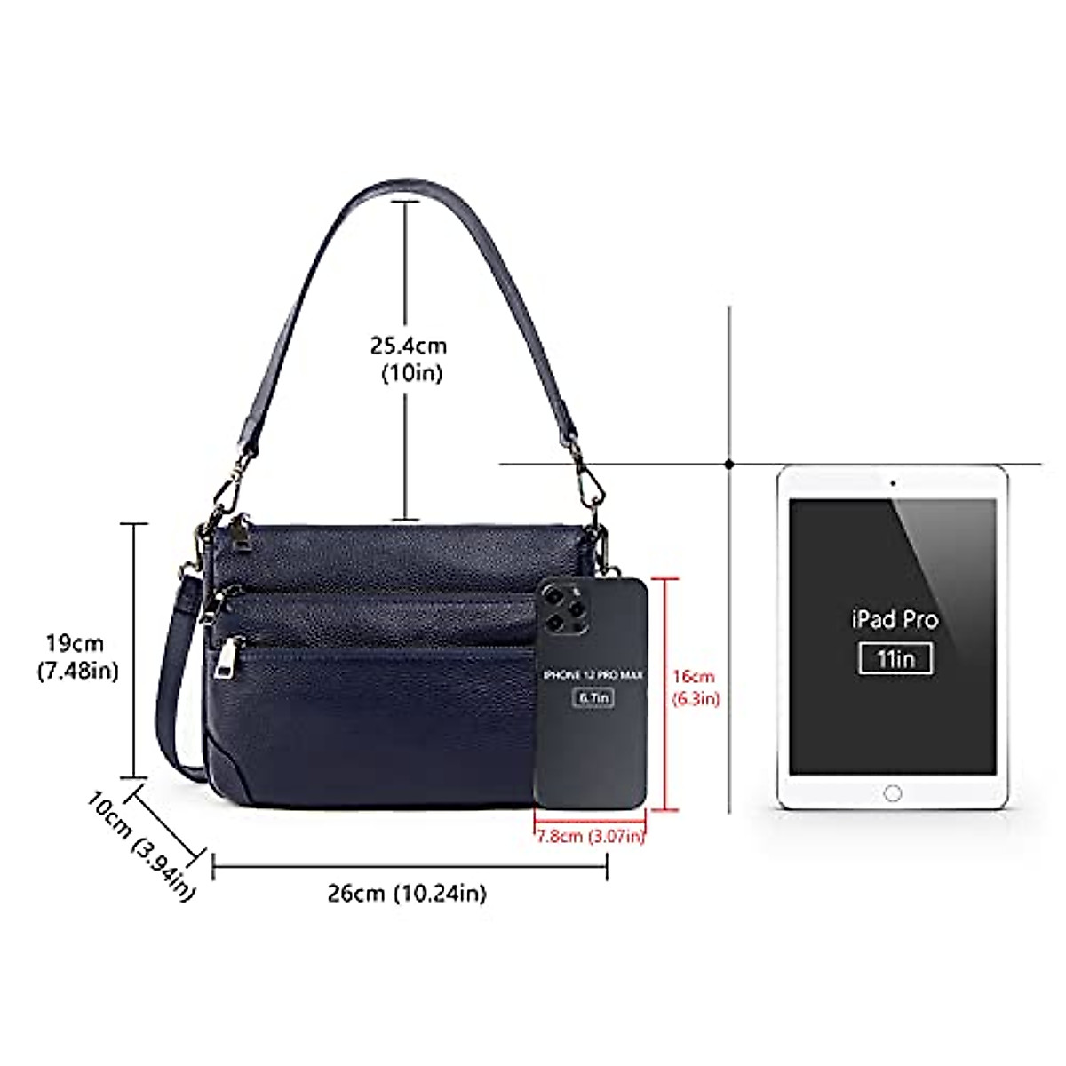 Pearl Angeli Crossbody Bags for Women Genuine Leather Shoulder Bag Multi-Pocket Messenger Bag Ladies Handbag Purse Royalblue