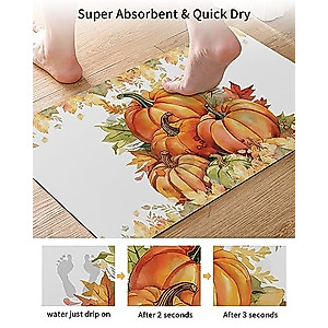 Autumn Pumpkins Bath Mat for Tub,Non Slip Bathroom Floor Runner Rug Quick Dry & Absorbent Diatomaceous Earth Kitchen Room Shower Sink Washable Doormat,Thanksgiving Eucalyptus Maple Leaves 18"x30"