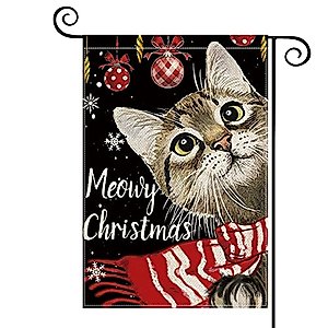 AVOIN colorlife Meowy Christmas Cat with Scarf Ornament Snowflake Garden Flag Double Sided, Winter Holiday Yard Outdoor Decoration 12x18 Inch
