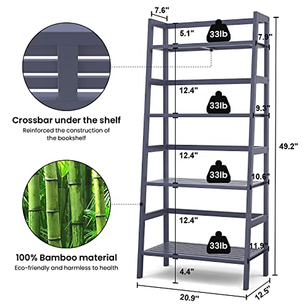 Homykic Ladder Bookshelf, 4-Tier Bamboo Shelf 49.2” Open Bookcase Freestanding Bathroom Storage Rack Plant Stand for Living Room, Bedroom, Office, Easy Assembly, Blue Grey