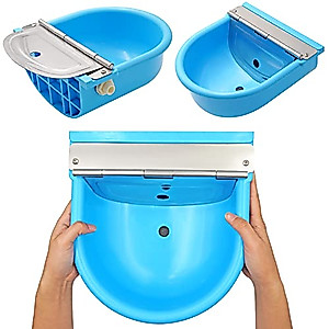 MINYULUA Automatic Waterer Bowl Large Horse Watering Bowl with Float Valve, Drain Plug & Braided Hose, Livestock Water Trough for Dog Goat Cattle Sheep Pig, Light Blue