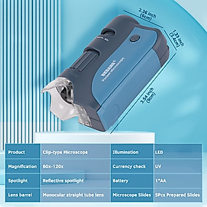 Pocket Microscope, 60x-120x Handheld Mini Microscope Kids with LED Lights, 5 Slides Specimens, BEBANG Portable Microscope for Kids Student Adults Microbiological Observation Lab Study, Educational Kit