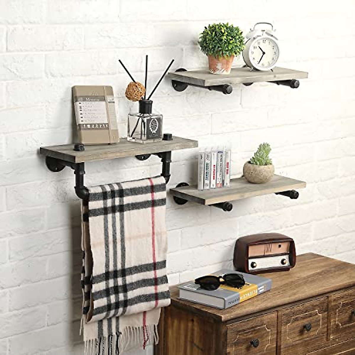 MyGift Wall Mounted Weathered Gray Solid Wood Floating Display Shelf and Industrial Pipe Hanging Bar Organizer Rack, Decorative Bathroom Shelving with Towel Bar, 3 Piece Set