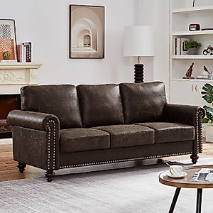 LAVHOME 80 Inch Chesterfield, Modern 3 Seater Couches with Rolled Arms and Nailhead, Classic Tufted Upholstered Leathaire Fabric Sofa for Living Room, Dark Brown