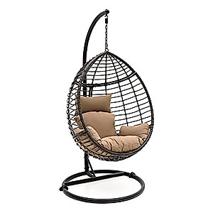 SereneLife Hanging Egg Indoor Outdoor Patio Wicker Rattan Lounge Chair with Stand, Steel Frame, UV Resistant Washable Cushions for Garden Backyard Deck Sunroom, Black+Brown