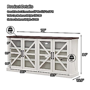 SinCiDo Farmhouse Buffet Cabinet with Storage, 70" Wood Sideboard Storage Cabinet w/4 Glass Barn Doors & Adjustable Shelf, Bar Cabinet for Kitchen, Dining Room, Hallway, White