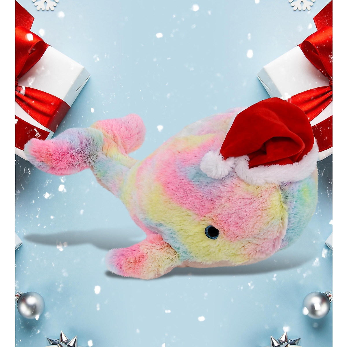 DolliBu Santa Extra Large Rainbow Whale Stuffed Animal Plush Toy - Wild Animal Dress Up with Red Santa Claus Hat, Wildlife Gift, Perfect Holiday with Name Personalization - 15 Inches